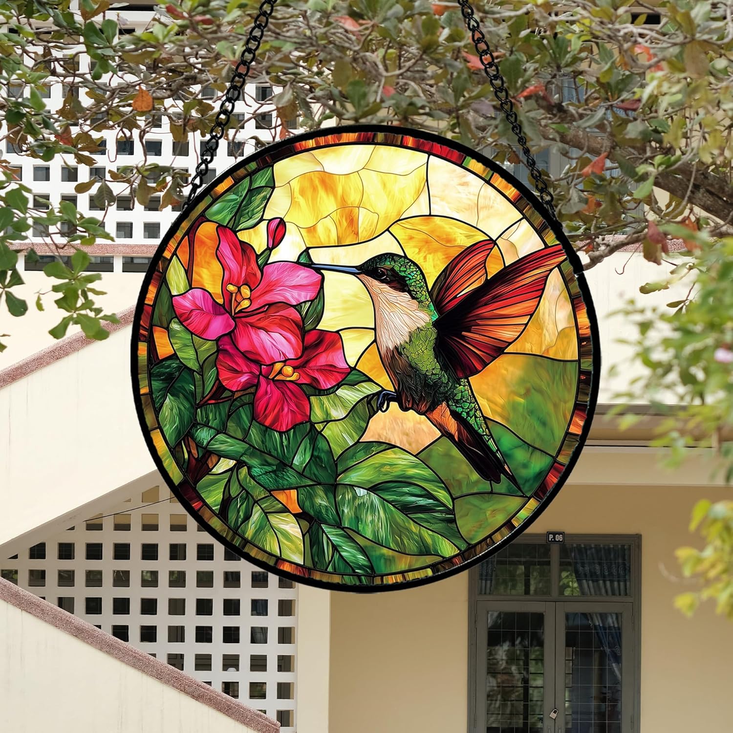 AUCT 11725 – Stained Glass Suncatcher, Hummingbird Red Flowers | Savannah Liquidation