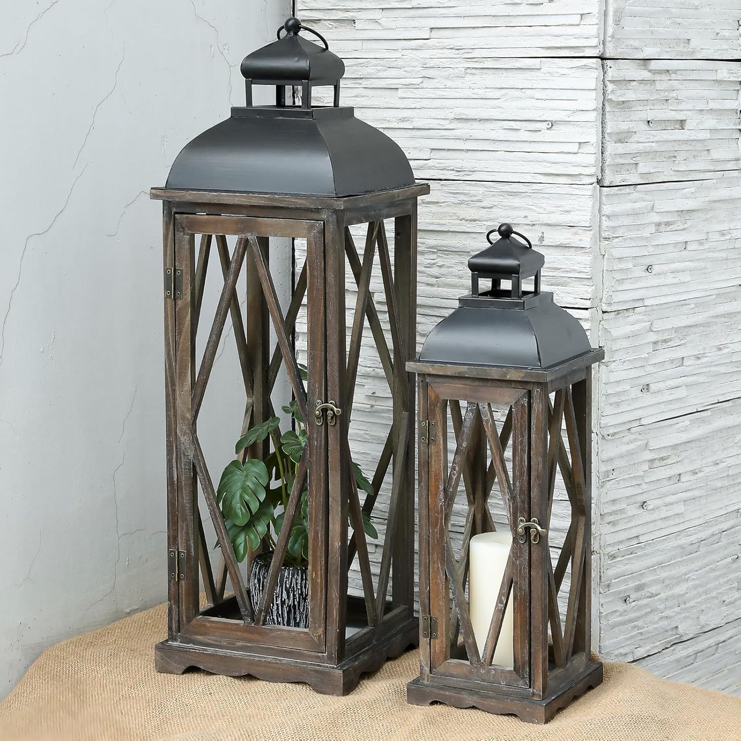 AUCT 692 – $100 Farmhouse Wooden Lantern Set, 2-Piece Rustic | Savannah ...