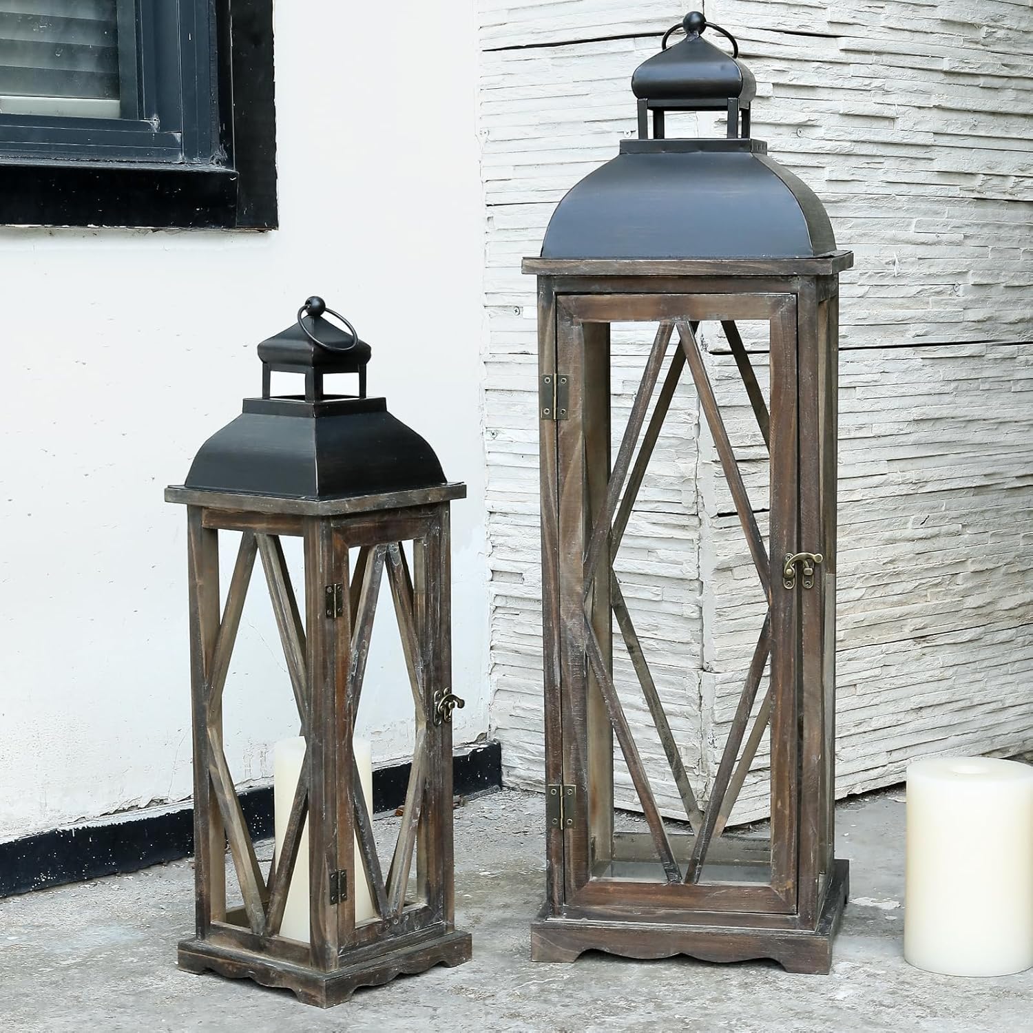 AUCT 692 – $100 Farmhouse Wooden Lantern Set, 2-Piece Rustic | Savannah ...